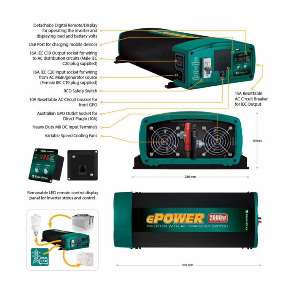 Enerdrive 12V 2000W ePOWER Inverter with RCD & AC Transfer Switch