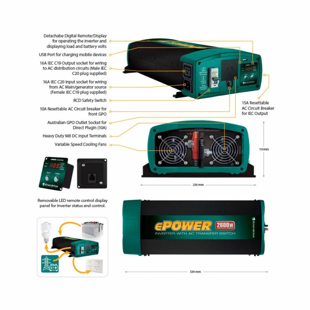 Enerdrive 12V 2600W ePOWER Inverter with RCD & AC Transfer Switch